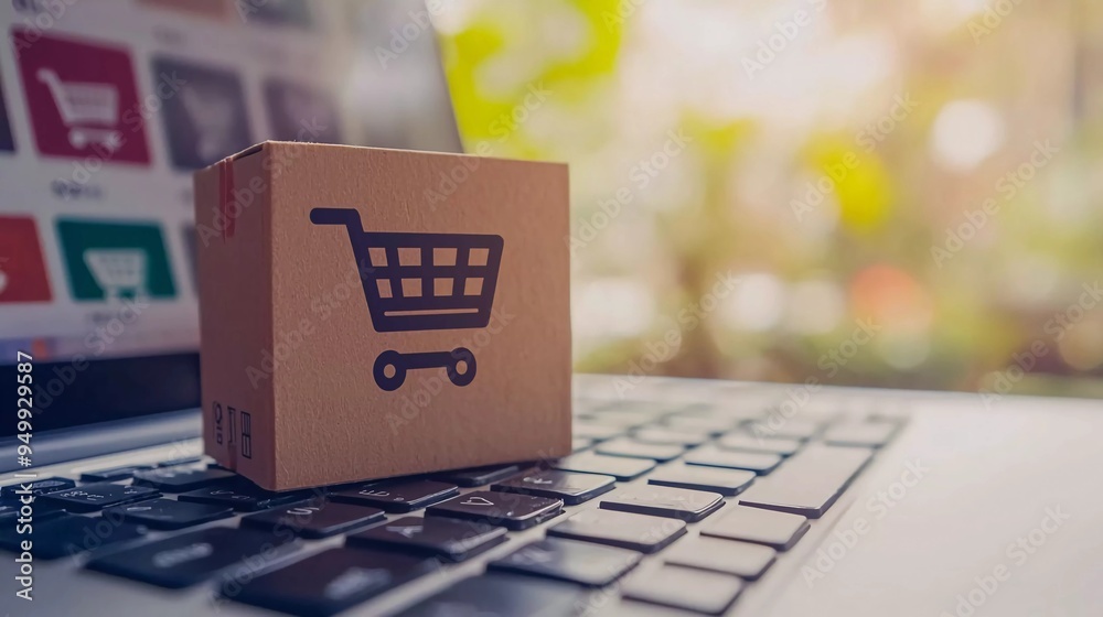 Online shopping. Cardboard box with a shopping cart logo in a trolley ...