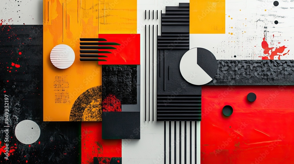 A bold and graphic collage using contrasting colors and geometric ...