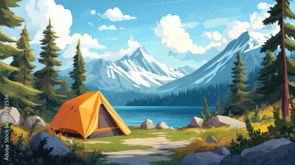 Cartoon-style camping in the mountains, showcasing a cozy campsite with ...