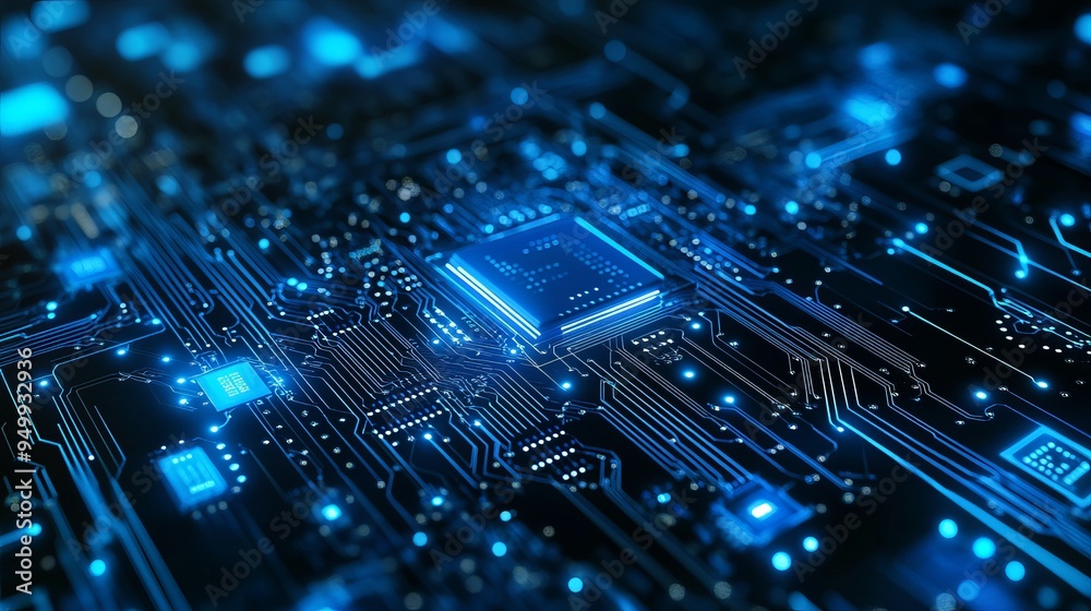 An intricate AI circuit board design with interconnected blue lines and ...