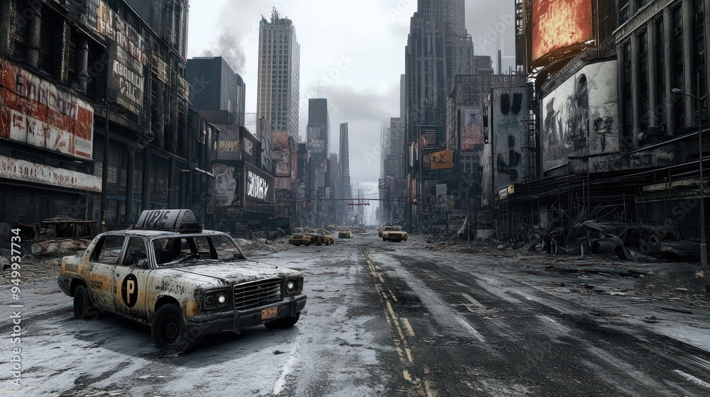 A deserted, dilapidated city street with abandoned cars and crumbling ...