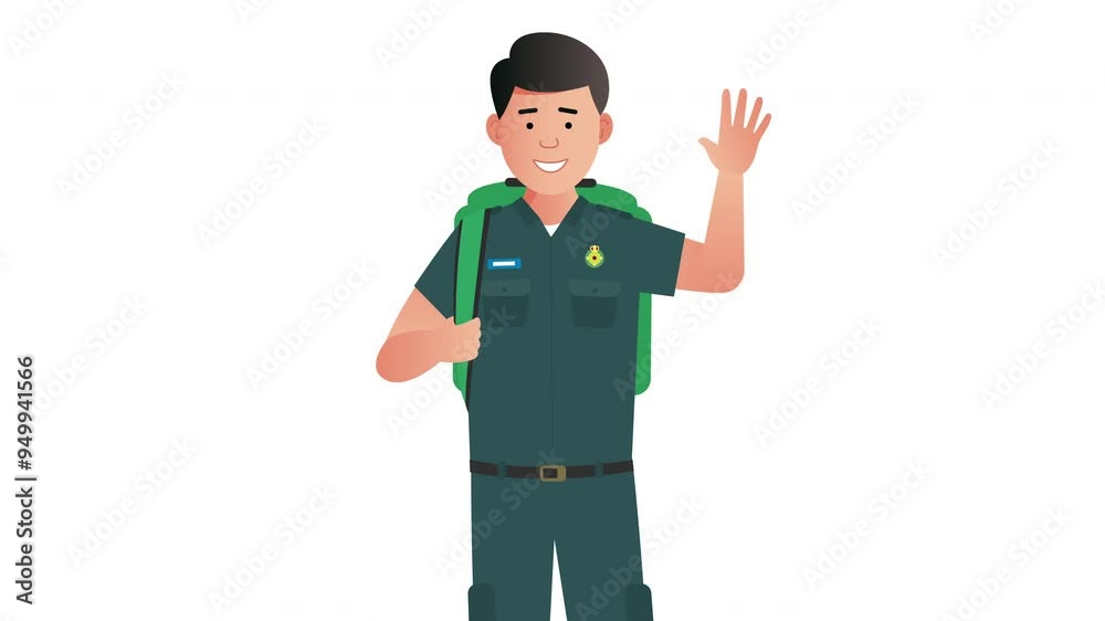 2D Illustrated male paramedic first responder vector character waving ...