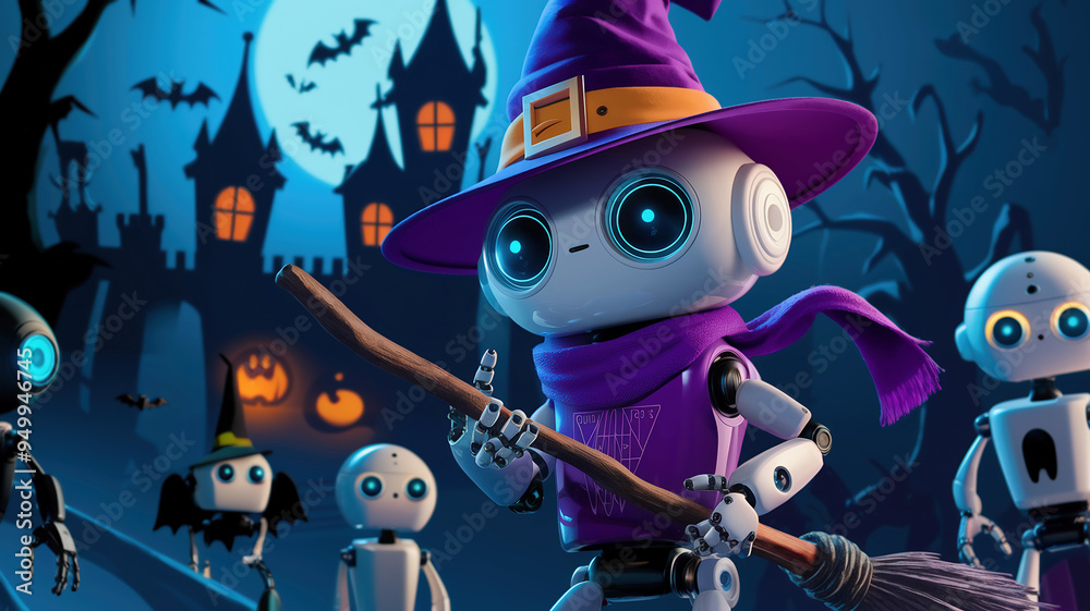 A cinematic shot of a Halloween-themed robot wearing a wizard's hat and ...