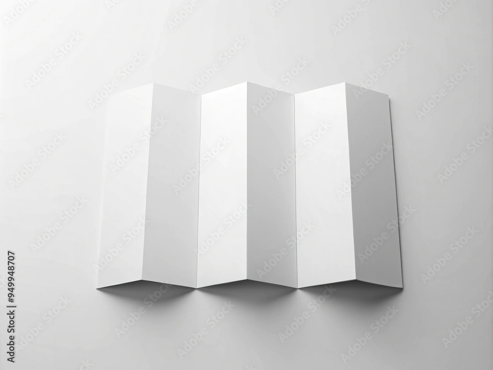A blank, trifold, 5-panel brochure mockup lies open on a clean, white ...