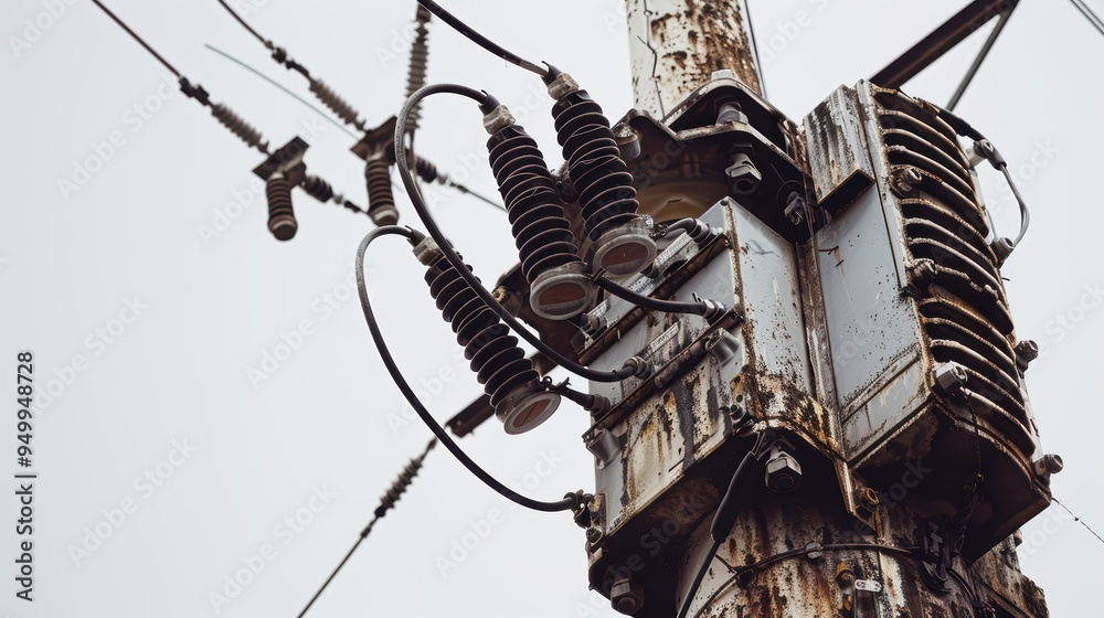 Rusty old electrical transformer mounted on a concrete pole is showing ...