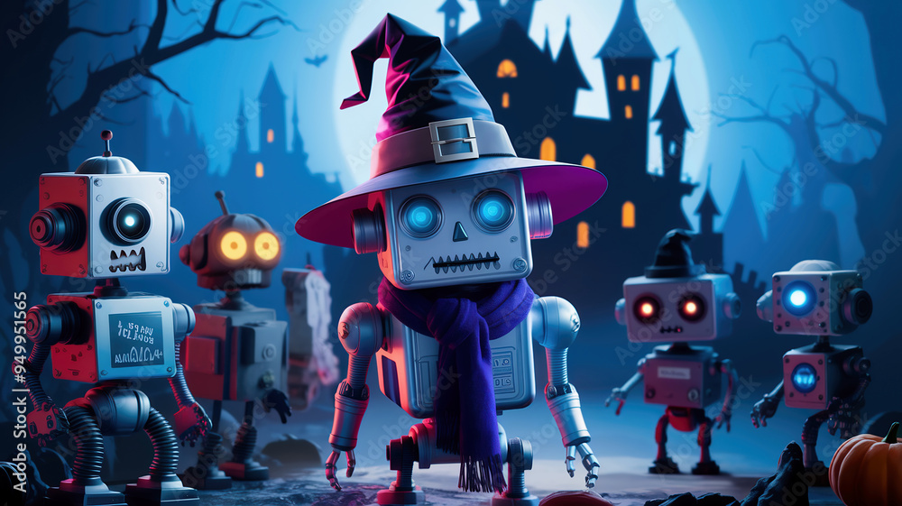 A cinematic shot of a Halloween-themed robot with a wizard's hat and a ...