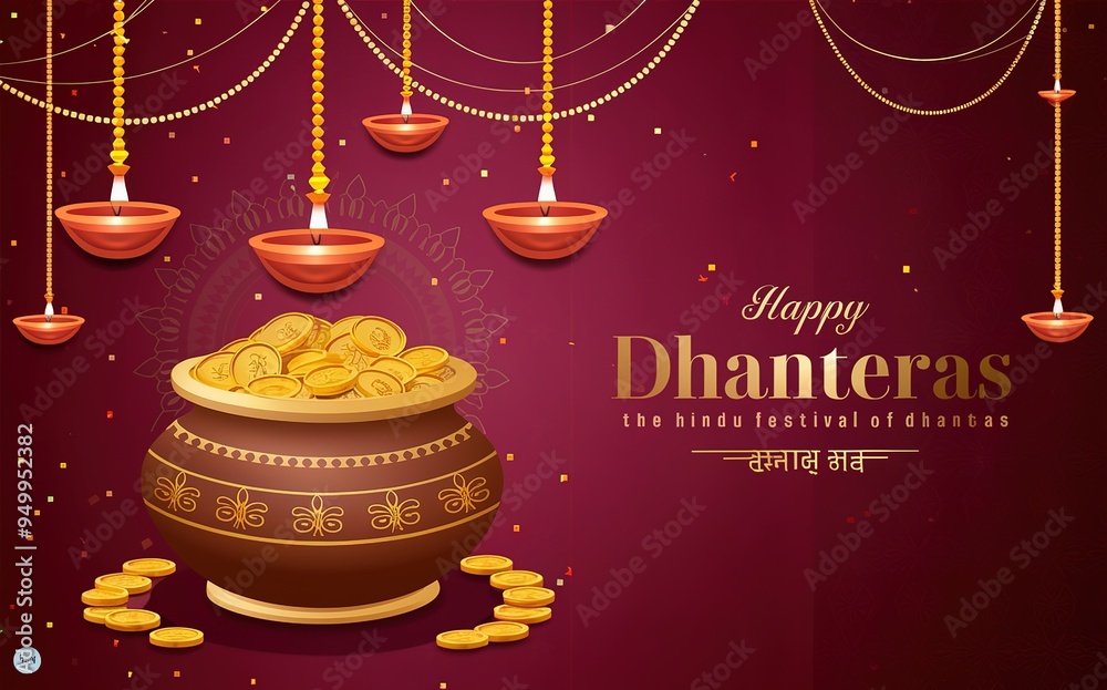 The image depicts the Hindu festival of Dhanteras, celebrated to honor ...