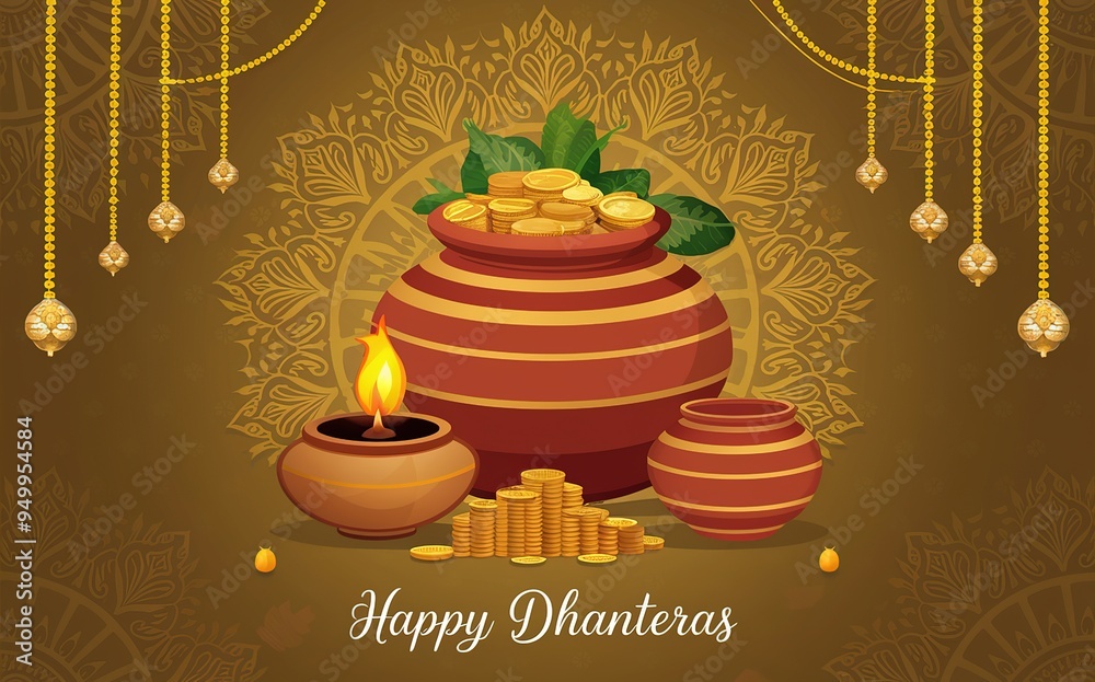 Clay pot filled with gold coins, a smaller pot with coins, and a lit ...