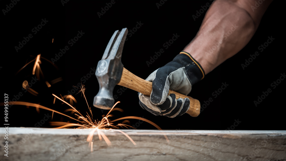 A muscular arm wearing a glove strikes wood with a hammer, creating ...