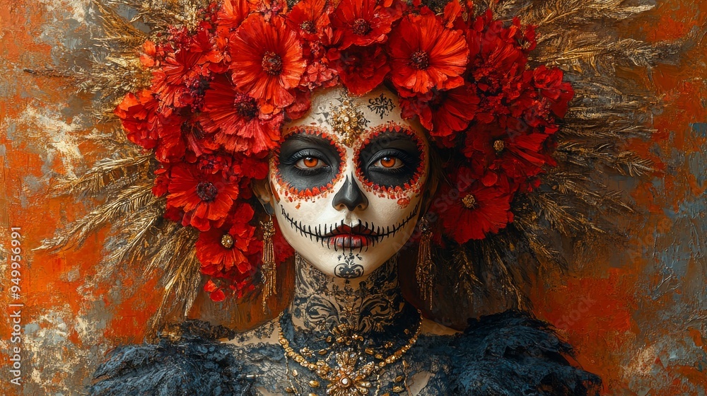 La Catrina stands majestically with elaborate makeup and a crown of red ...