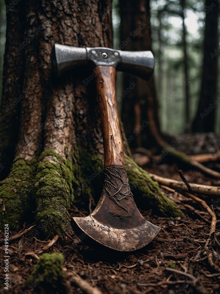 Axe with Roots Hand gripping a rusted axe covered in roots, symbolizing ...
