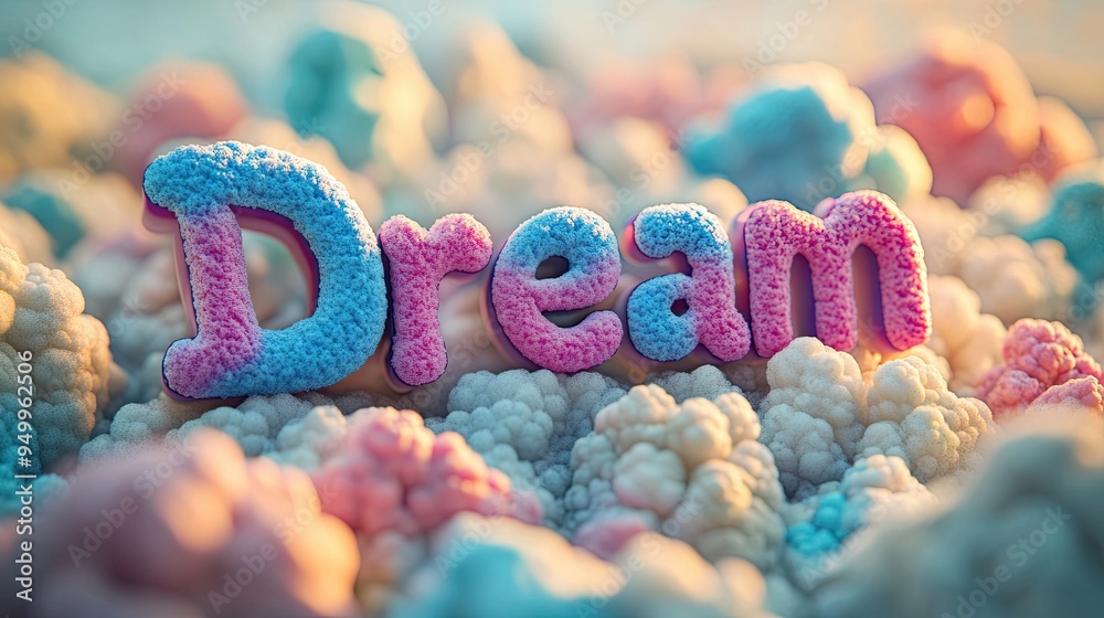 The word "Dream" crafted from fluffy clouds, floating in a 3D ...