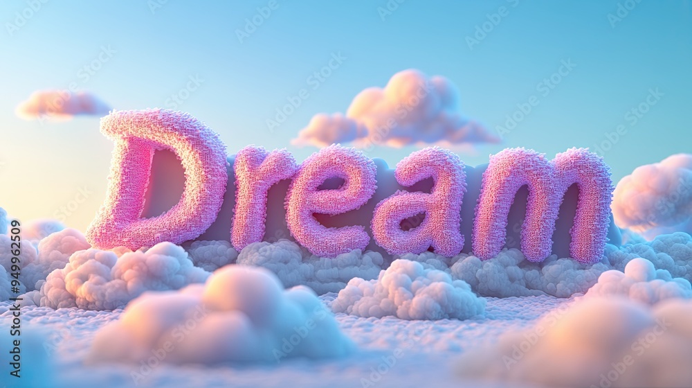 The word "Dream" crafted from fluffy clouds, floating in a 3D ...