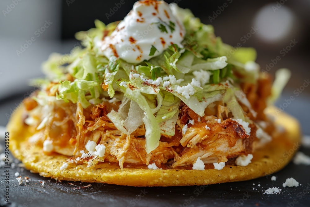a close-up of a single sopes de pollo, with a generous helping of ...