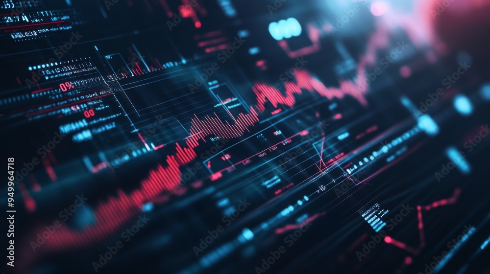 A close-up of a financial chart with fluctuating lines and bar graphs ...