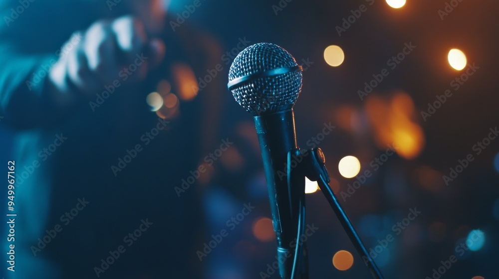 A close-up of a microphone being held by a singer during a live ...