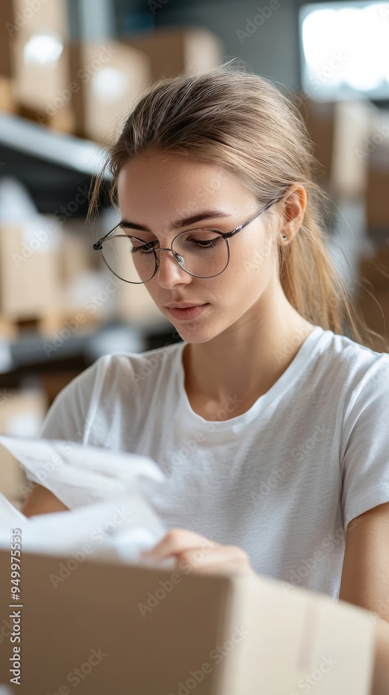 A boutique store manager organizing inventory in the back room, focused ...