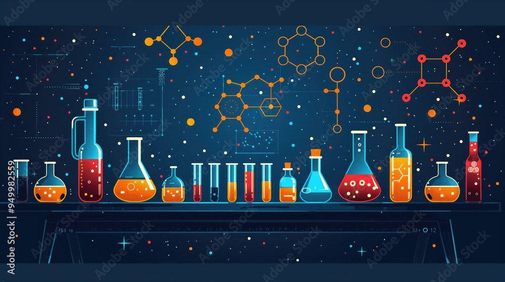 A vector graphic of a detailed molecular diagram, with lab equipment ...