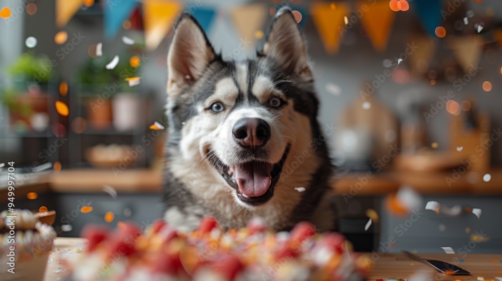 Happy birthday. Husky dog sitting at table with cake, blue and yellow ...