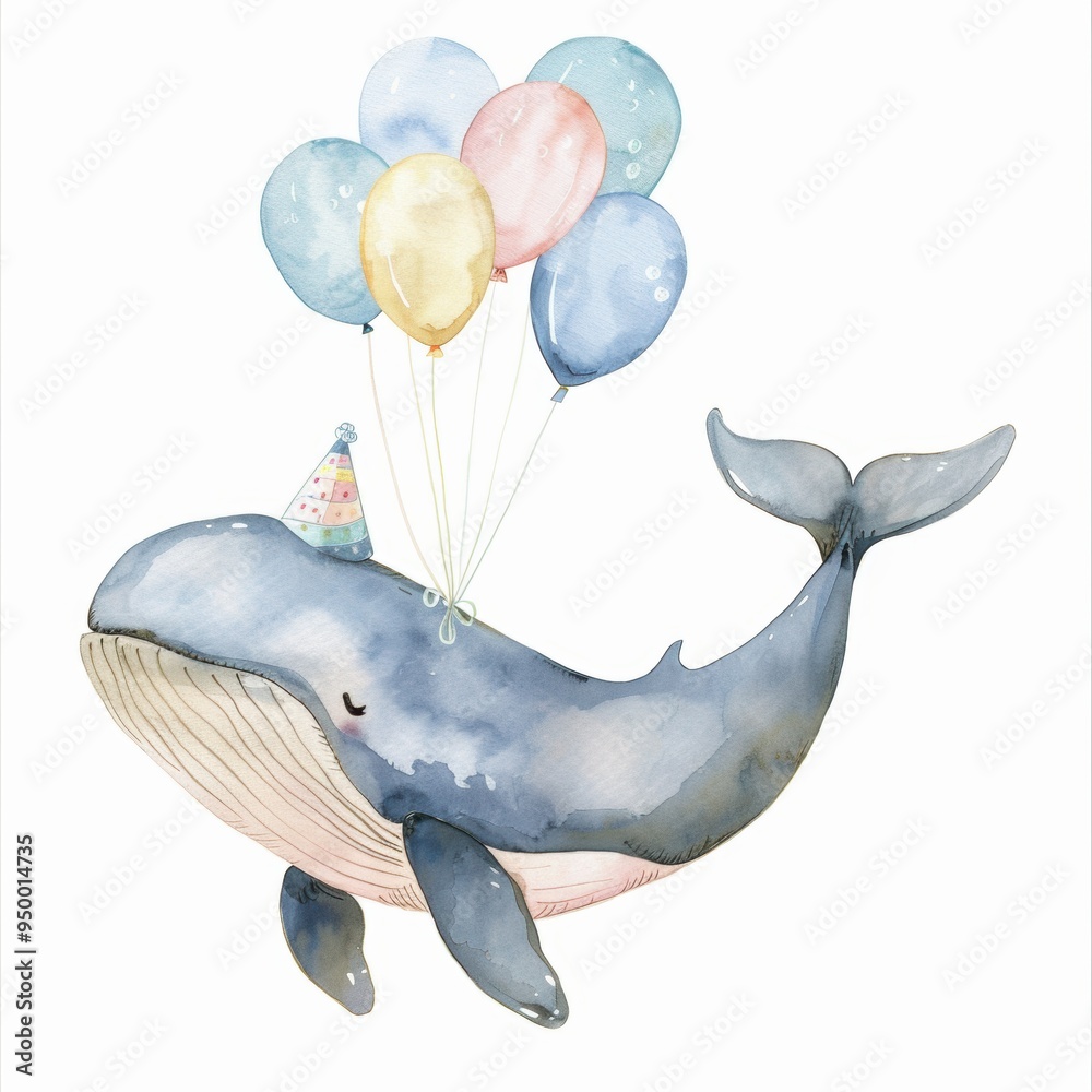 watercolor whale holding birthday balloons, neutral colors on white ...