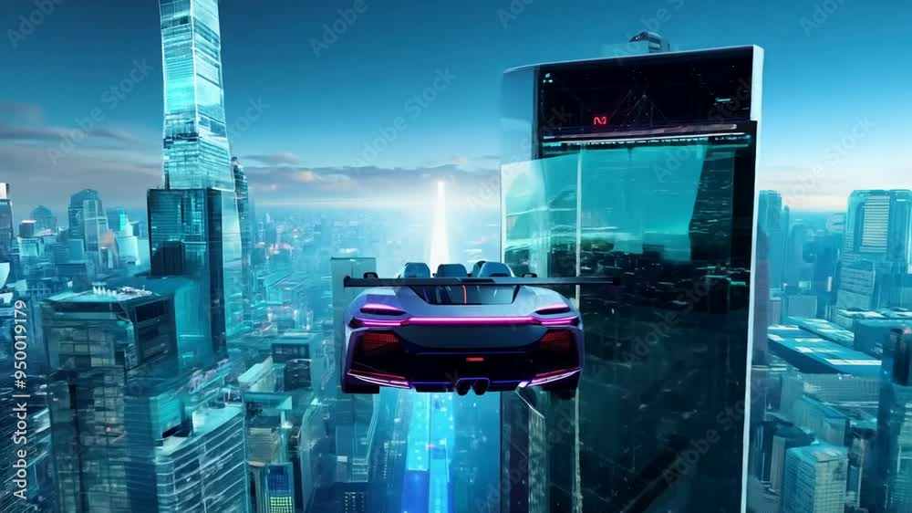 Futuristic Flying Car Soaring Above Illuminated Cityscape at Twilight ...
