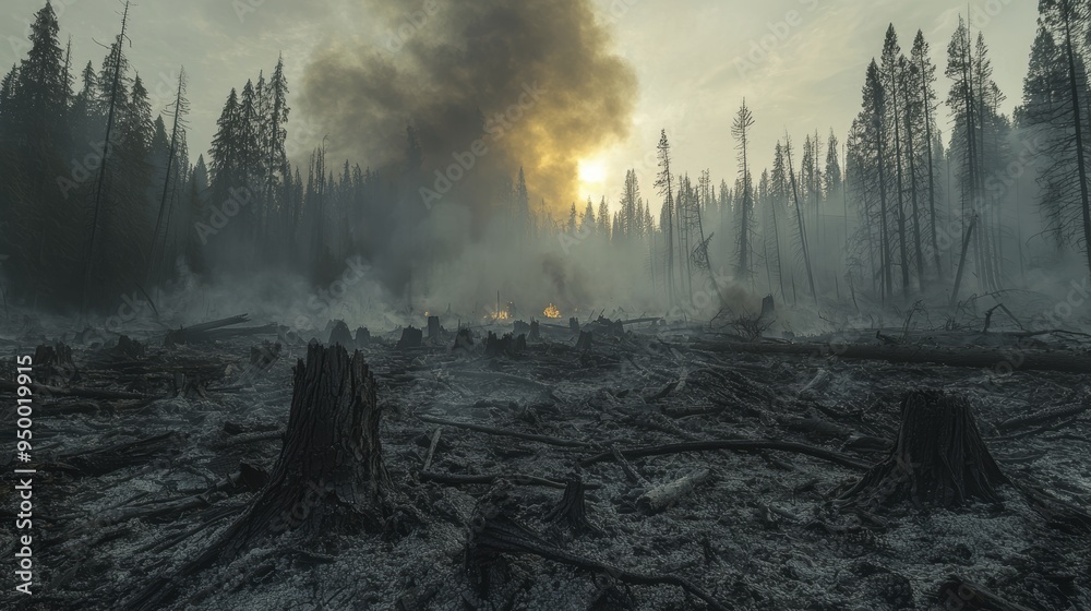 Desolate forest landscape with charred stumps and smoke rising ...