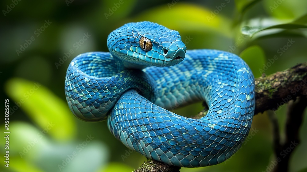 A blue viper snake, scientifically known as Trimeresurus insularis, is ...