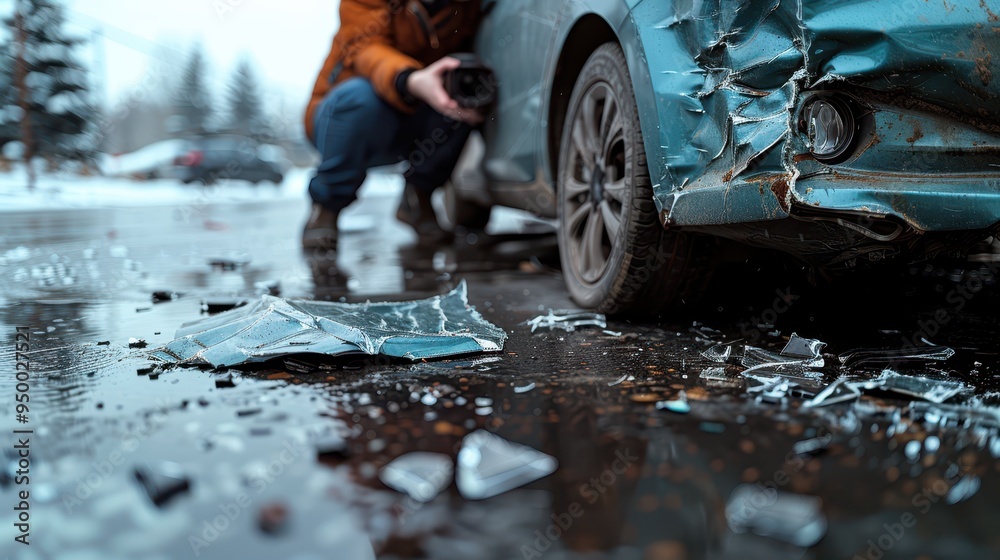 Aftermath of a Crash: A somber scene of a car crash, a photographer ...