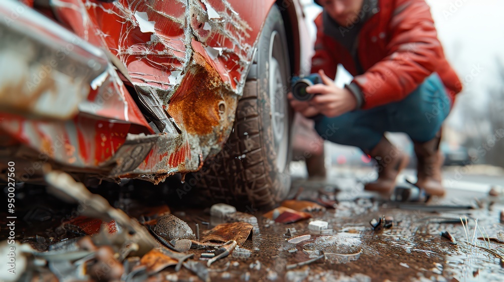 Aftermath of a Collision: A man in a red jacket carefully documents the ...