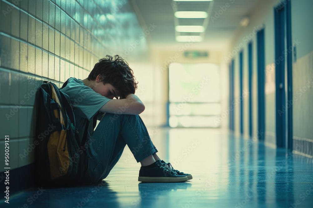Young student is sitting alone on the floor of a school hallway ...