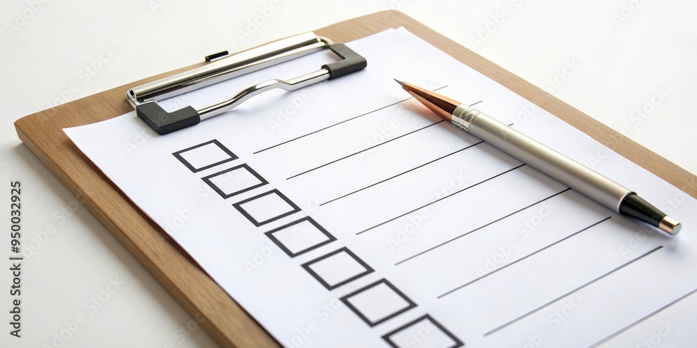 Marked checklist on clipboard for employee survey and test questions ...