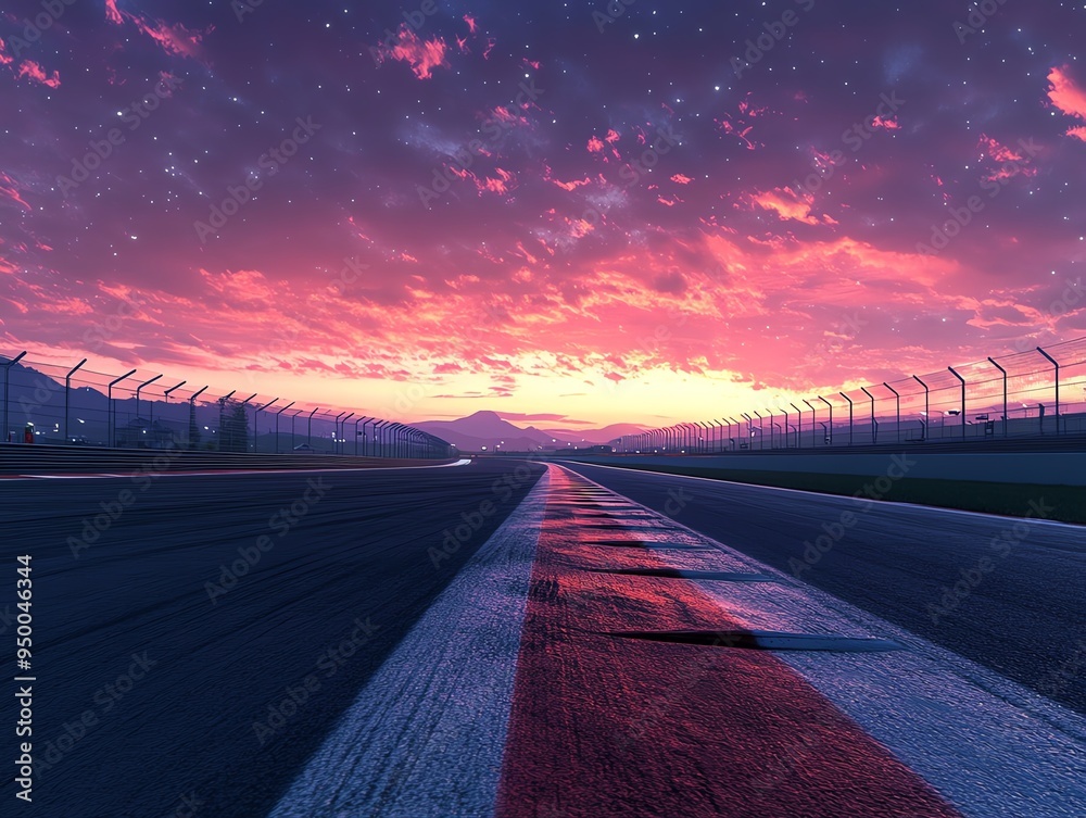 Road on a racetrack under twilight skies, with the first stars ...