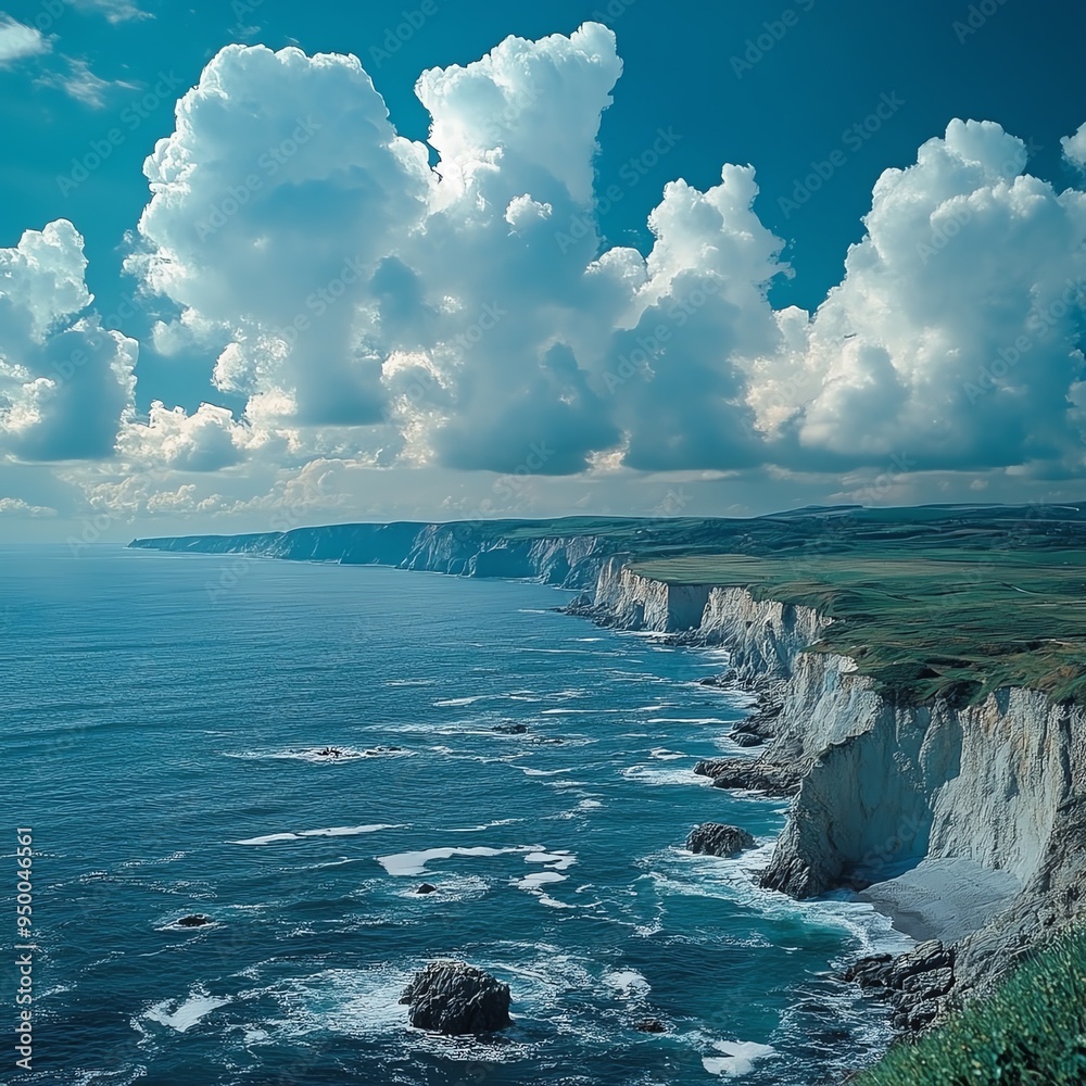 Scenic seaside cliffs with cumulus clouds overhead, the fresh sea air ...