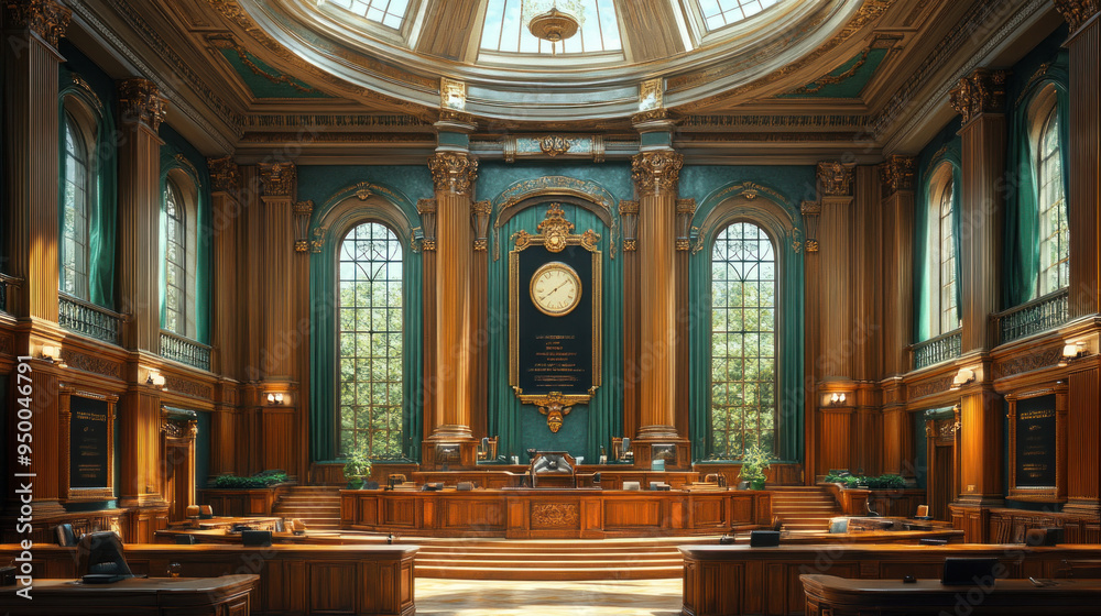 Courtroom interiors, emphasizing the architectural design and ...