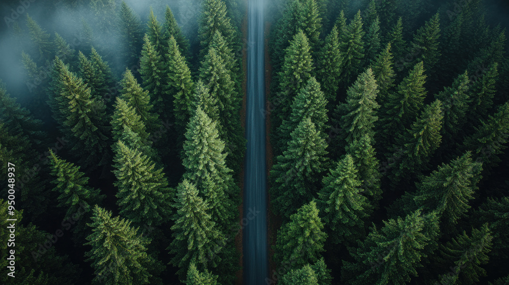 Drone shots capturing the symmetry of pine trees flanking a road ...
