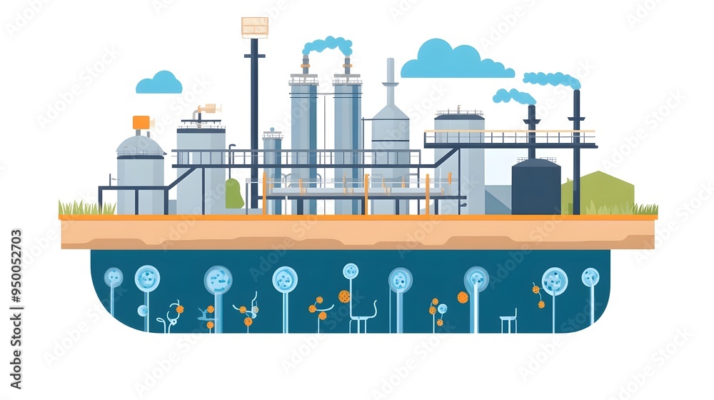 Detailed flat image of a comprehensive water treatment process diagram ...