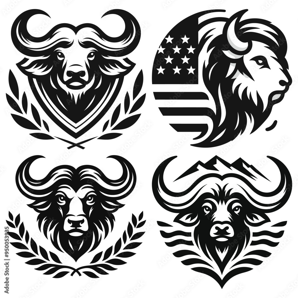 Stylized buffalo and bison logos vector illustration black and white ...