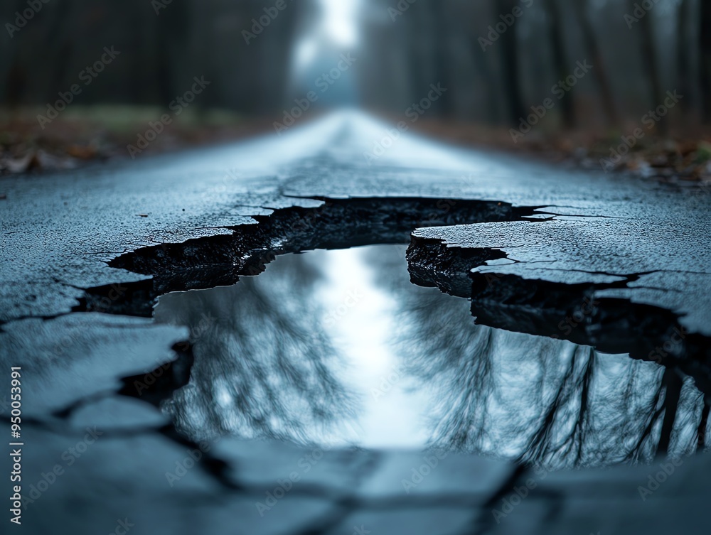 Abstract view of a curvy asphalt road reflected in a cracked mirror ...