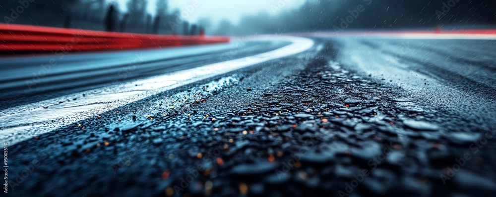 Closeup of a road on a racetrack with skid marks and rubber debris ...