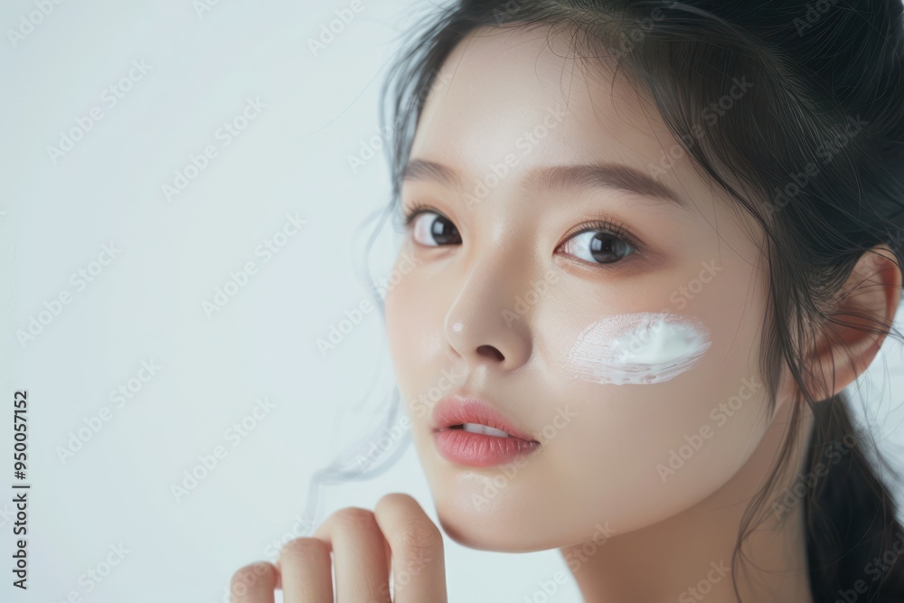 Asian model woman face close-up beauty studio promo white background ...