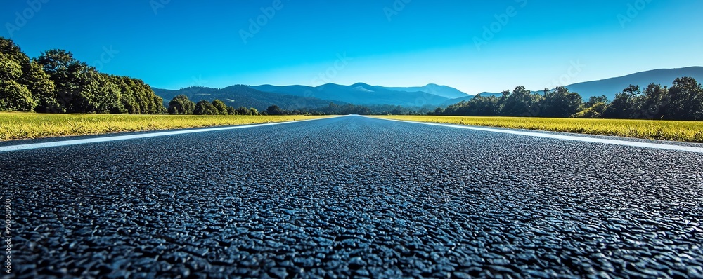 Long, empty stretch of racetrack road under a clear blue sky, inviting ...