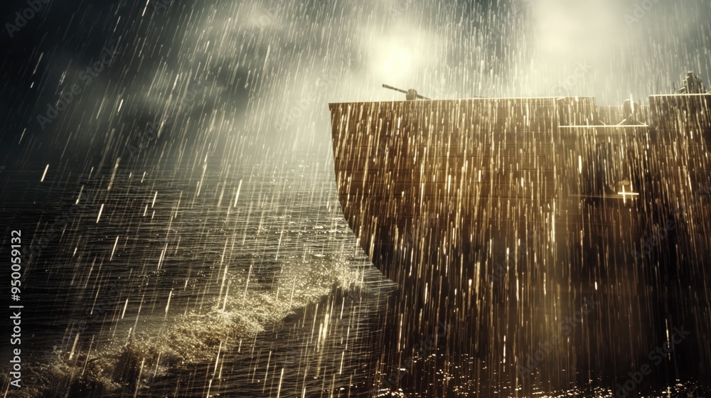 Biblical illustration of Noah Ark amidst pouring rain during the great ...