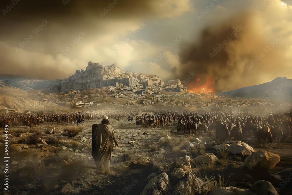 Ancient warrior in biblical scene, battles against enemy army on field ...