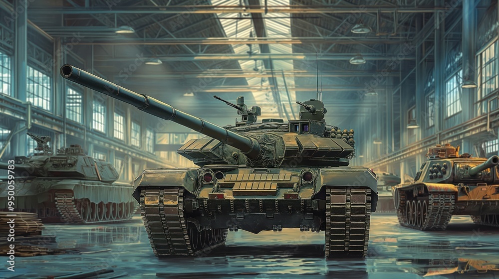 Industrial warehouse backdrop for tank military vehicle engineering ...