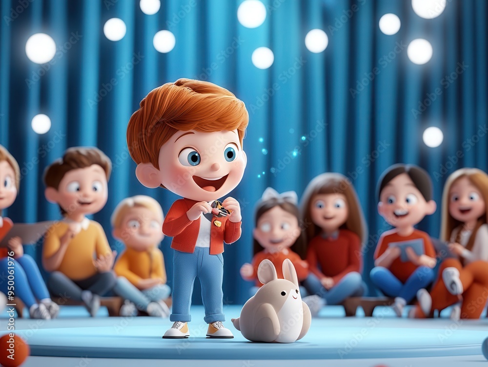 An animated depiction of a school talent show, with a child performing ...