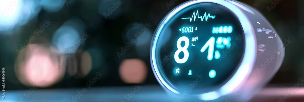 Futuristic digital clock with neon blue light display showing time and ...