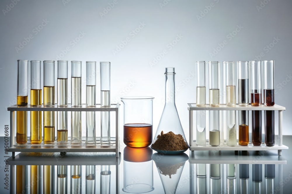 minimalist stark modern laboratory equipment rows of beakers test tubes ...