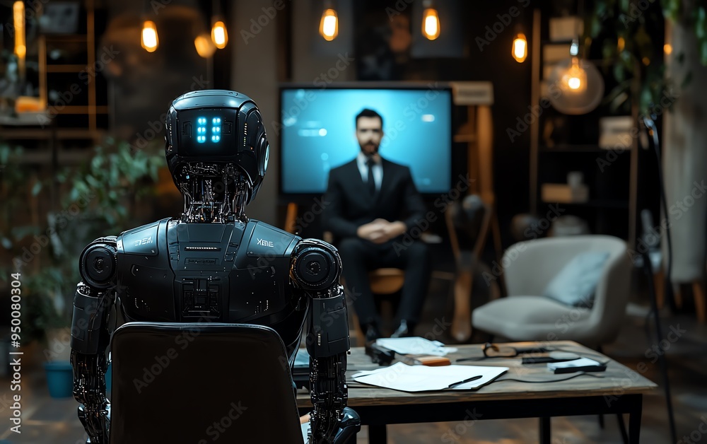 Professional 4K photo of an interview setup, featuring a humanoid AI ...