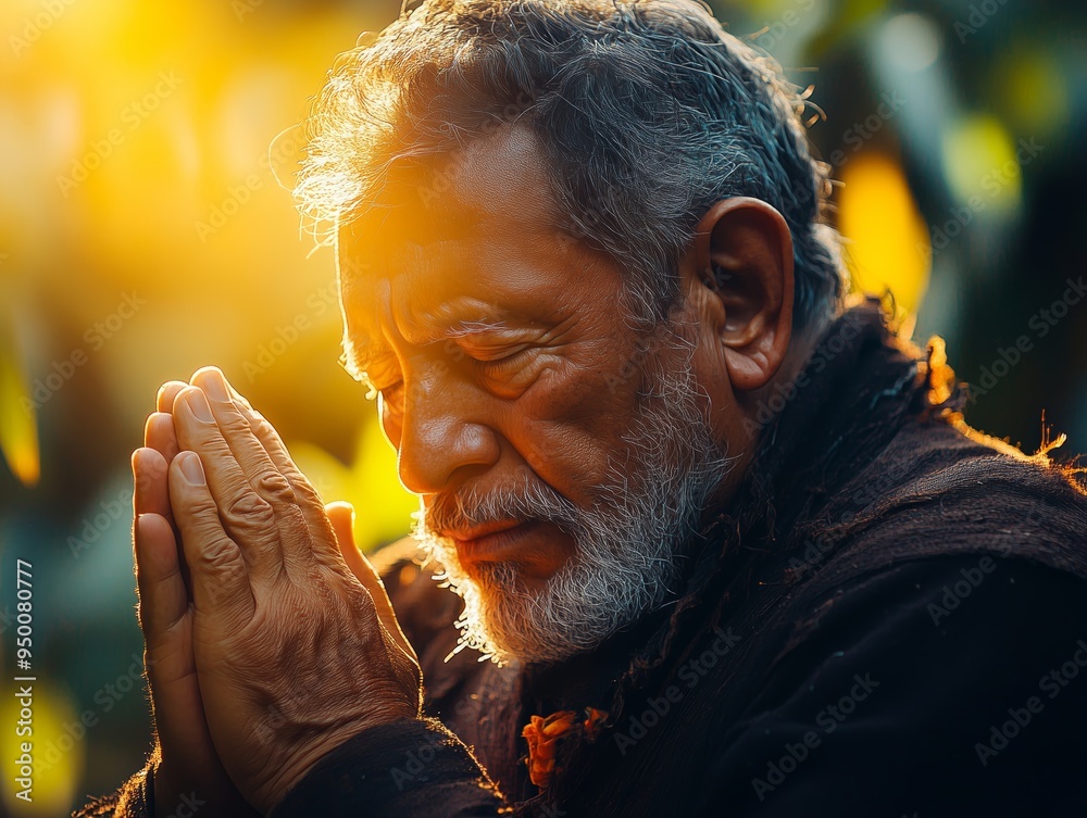 a 30 year old Mexican man in profile has his hands together praying ...