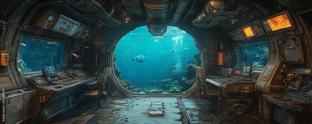 Underwater submarine interior in a cyberpunk theme, featuring ...